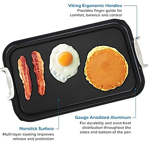 Viking Culinary Hard Anodized Nonstick Double Burner Griddle, Ergonomic Stay-Cool Handles, Oven Safe, Works on Electronic, Ceramic, and Gas Cooktops , 18 inches