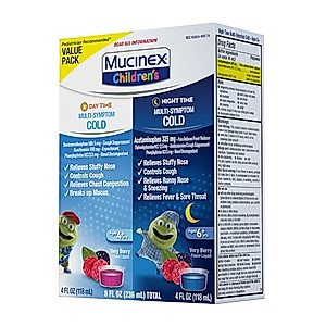 Mucinex Children's Day & Night Combo Pack, Kids Cold Medicine / Kids Cough Medicine, Daytime Cold Medicine & Night Time Cold and Flu Medicine, Mucinex Kids Medicine, Berry Flavor Liquid (2 X 4 Fl Oz)