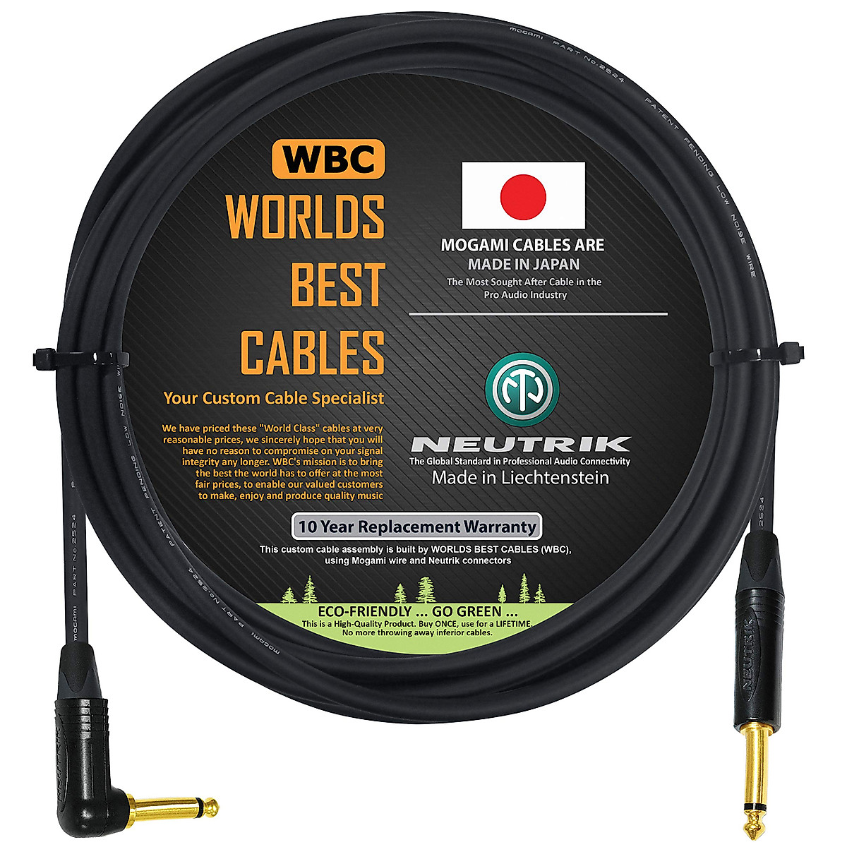 WORLDS BEST CABLES 10 Foot - Guitar Bass Instrument Cable CUSTOM MADE using Mogami 2524 wire and Neutrik NP2RX-B & NP2X-B ¼ Inch (6.35mm) Gold TS Connectors