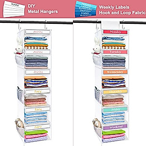 Fixwal 6-Shelf Weekly Hanging Closet Organizer with 6 Side Pockets Collapsible Weekday Kids Closet Daily Clothes Organizer Hanging Storage Shelves (White)