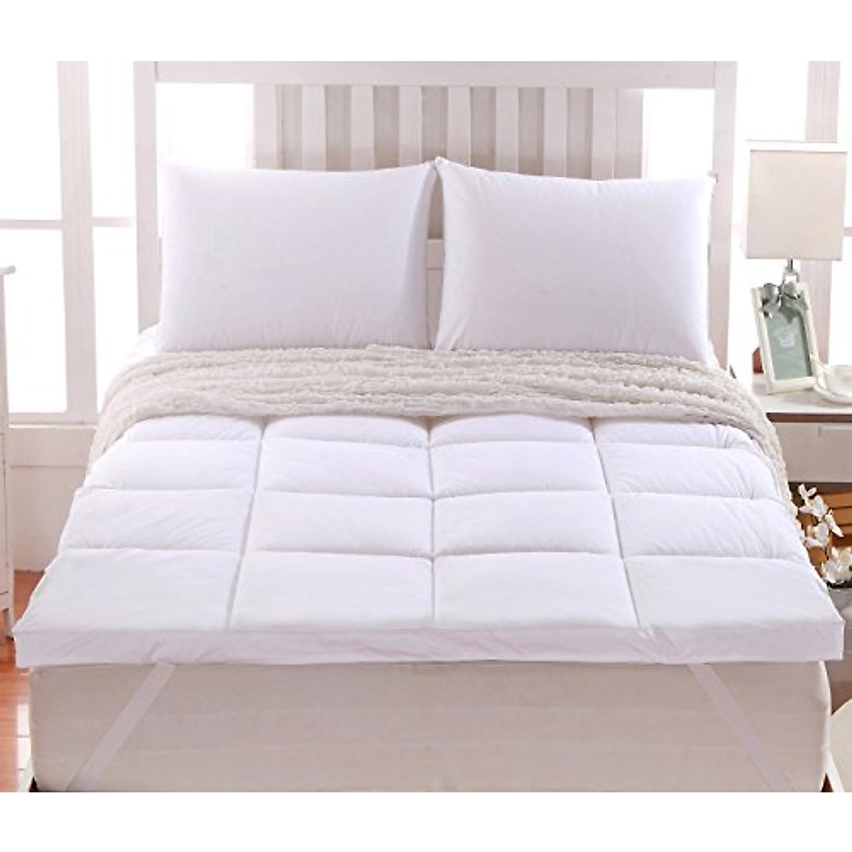 Royal Hotel Bedding Abripedic Plush Cotton Mattress Topper, Top Split King, 2 Inches Hypoallergenic Overfilled Down Alternative Anchor Bands Mattress Topper
