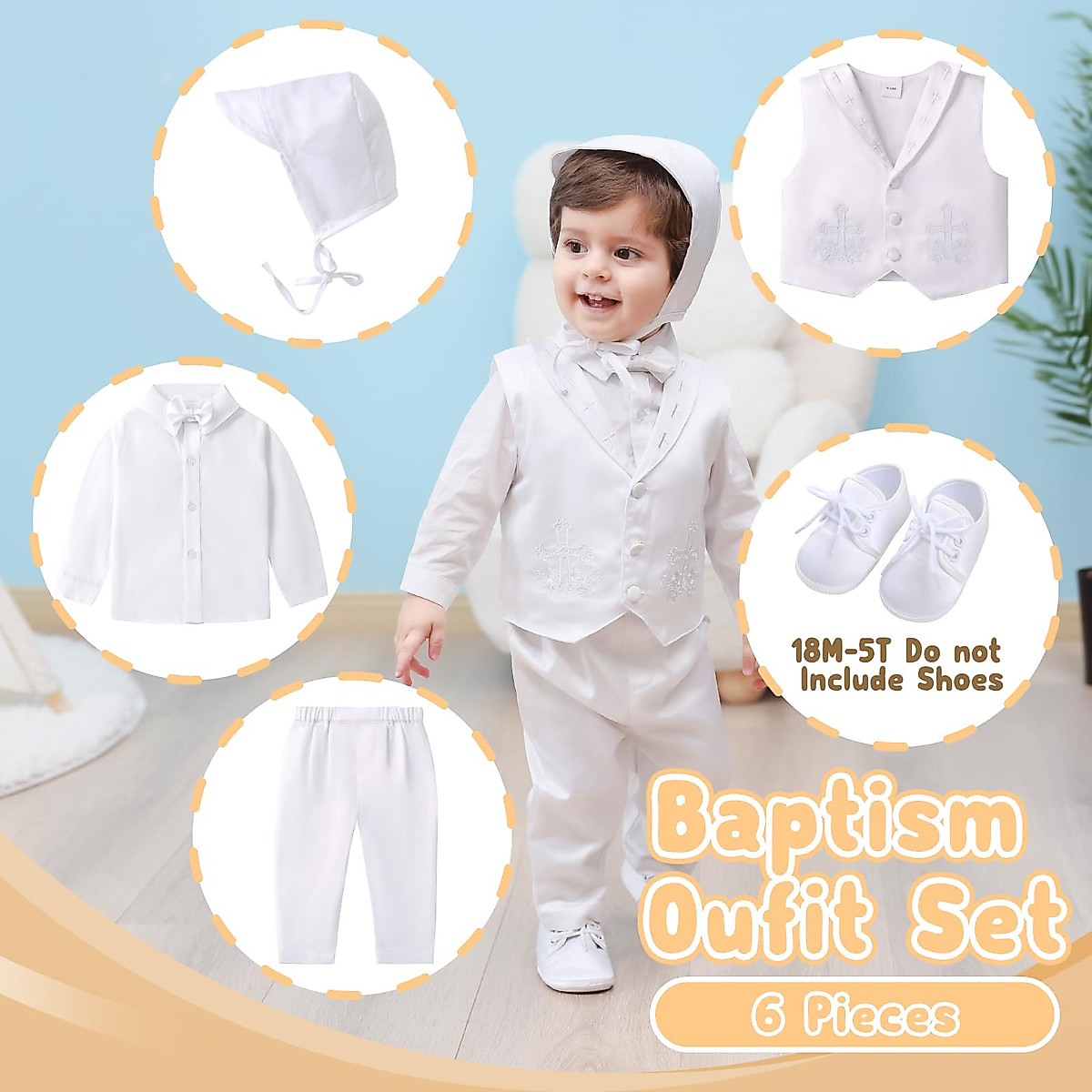 Booulfi Baptism Christening Outfits for Boys, Baby Boy Christening Church Outfit Baptism Gifts 6 Pieces Baby Boy Clothes 0-3 Months Formal Gentelman Baby Suit