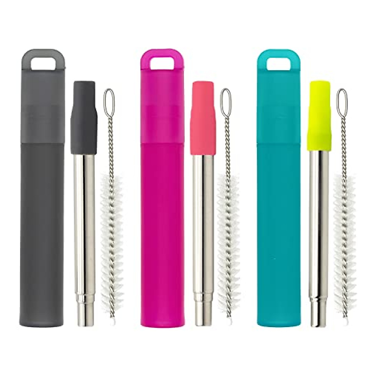 Metal Reusable Straws, 3 Pack Collapsible Portable Stainless Steel Straws, with Plastic Housing Silicone Tips and Cleaning Brush, Retractable Portable Pocket Drinking Straws