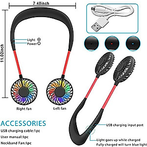 Portable Neck Fan - USB Rechargeable Fan with 3 Speeds Adjustable, Neck Fans Portable Rechargable Prime with LED Lights - Black