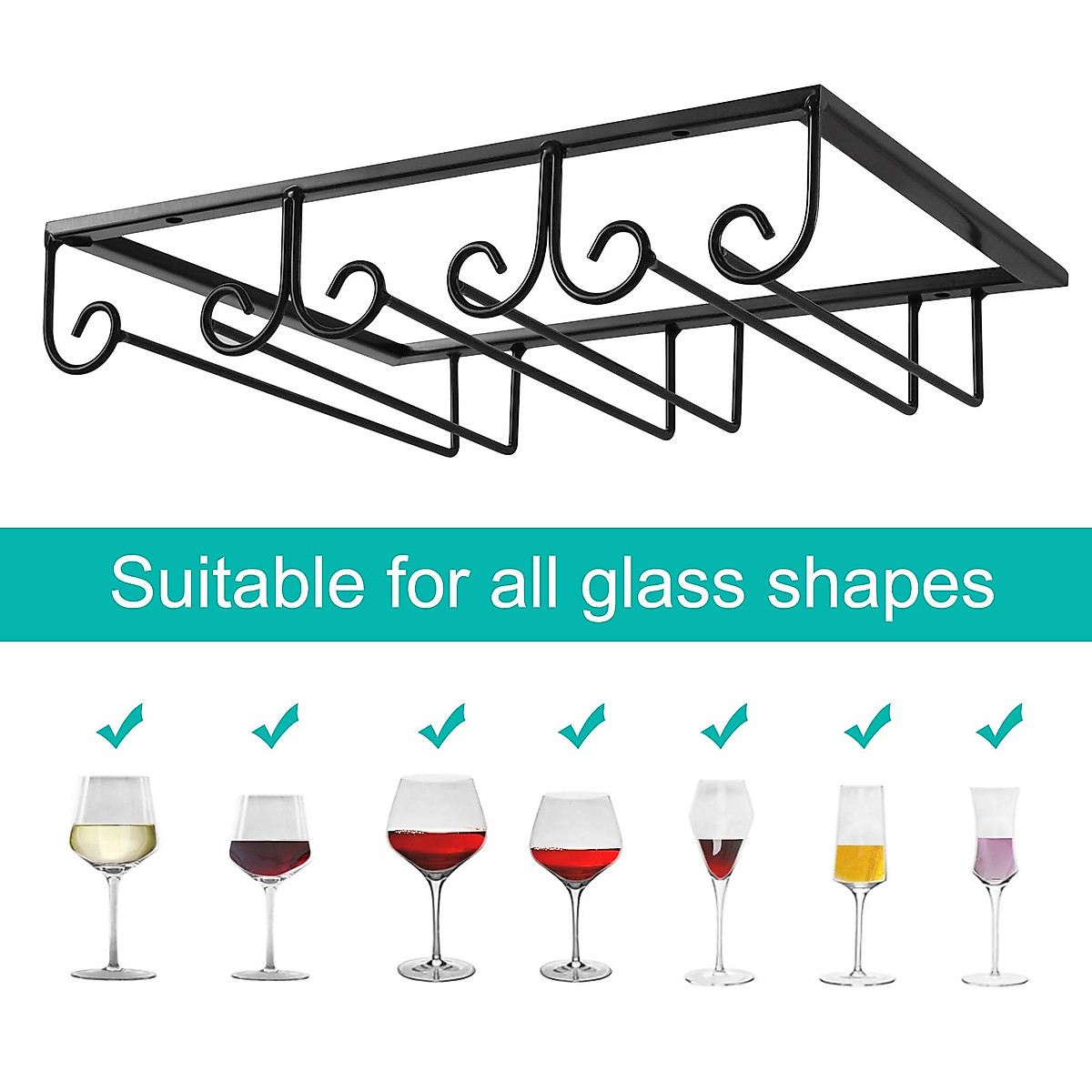 MOCOUM Under Cabinet Wine Glass Rack Stemware Rack, Wine Glasses Hanger Rack Wire Wine Glass Holder Storage Hanger for Cabinet Kitchen Bar (Black, 3 Rows 1 Pack)