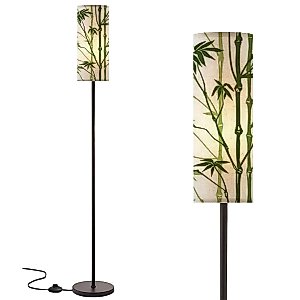 RZNTJHUINA Boho Standing Lamps Green Bamboo Pattern White Tropical Nature Minimalist Floor Lamp Metal Pole Lamp with Linen Lampshade for Bedroom Living Room Office Nursery Reading Foot Switch