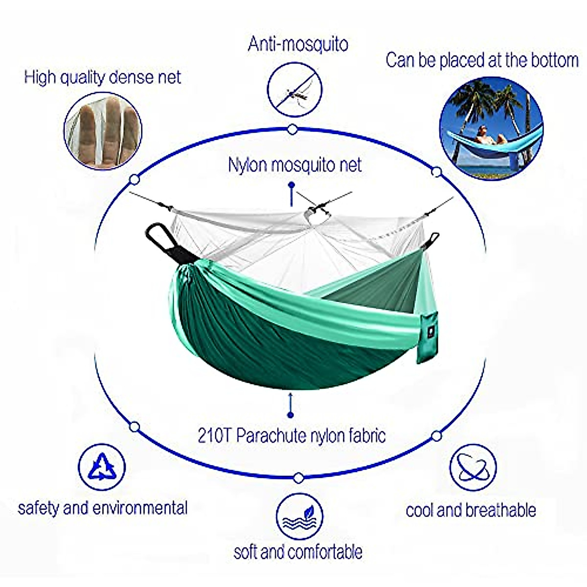 Hammocks with Net, Mosquito Net Hammock for Camping Portable Nylon Hammocks Parachute Lightweight with Tree Straps, Garden Swing Hammock for Outdoor Hiking Travel (Cyan/Dark Green)
