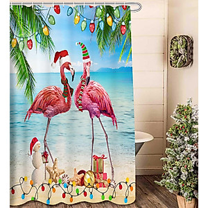 Christmas Shower Curtain, Bright Tropical Christmas Beach Red Flamingo Shower Curtain, Funny Xmas Holiday Shower Curtain, Vintage Merry Christmas Shower Curtain for Bathroom with 12PCS Hooks, 70X70IN