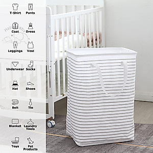 Hinwo 20 Gal / 77L Freestanding Large Laundry Hamper, Collapsible Laundry Storage Basket with Easy Carry Extended Handles for Clothes Toys, 16 x 12 x 24 Inches, Grey Stripe