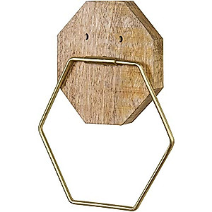 MyGift Brass Tone Metal Hexagon Wall Mounted Bathroom Hand Towel Ring with Mango Wood Geometric Backing - Handcrafted in India