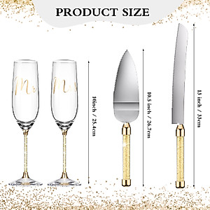 Boao 4 Piece Wedding Toasting Flutes and Cake Server Set Wedding Reception Supplies Champagne Glasses Cake Knife Pie Server (Gold Diamond, Simple)