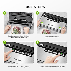 Bonsenkitchen Vacuum Sealer Machine, Stainless Steel Vacuum Food Sealer with 8-in-1 Vacuum Sealing System, 6 Food Vacuum Modes, Built-in Cutter and Bag Storage, Fully Starter Kits (Bright Silver)