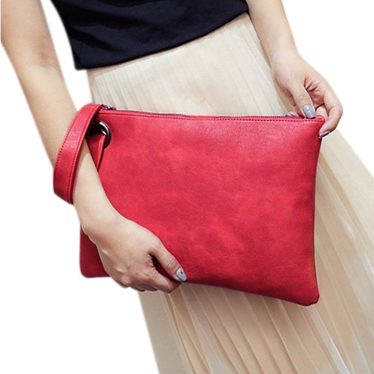 C.C-US Women Oversized Envelope Handbag Soft Leather Clutch Evening Bag Purse with Wrist Strap (Red)