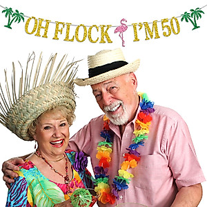 Oh Flock I'm 50 Banner, Glitter Happy 50th Birthday Anniversary Party Decorations, Pineapple Party Decor, Hawaiian Luau Tropical Aloha 50 Theme Party Photo Props