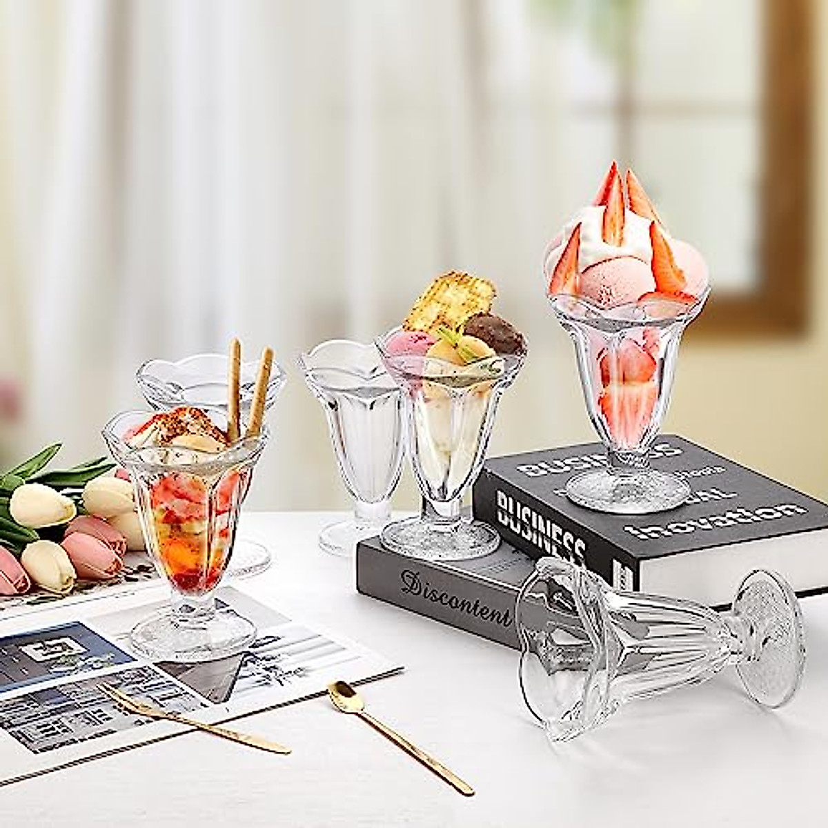 BSTKEY 6PCS Set 7 Oz Glass Dessert Bowls/Cups, Cute Footed Dessert Bowls for Ice Cream Sundae Trifle Fruit Pudding Snack Salad Milkshakes Condiment Cocktail Drinks Party