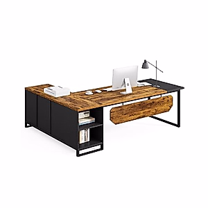LITTLE TREE 70.8 Inches Executive Desk and 55 Inches File Cabinet Combo, Large L Shaped Computer Desk with Storage Cabinet and Shelves, Modern Business Furniture for Home Office, Rustic Brown & Black