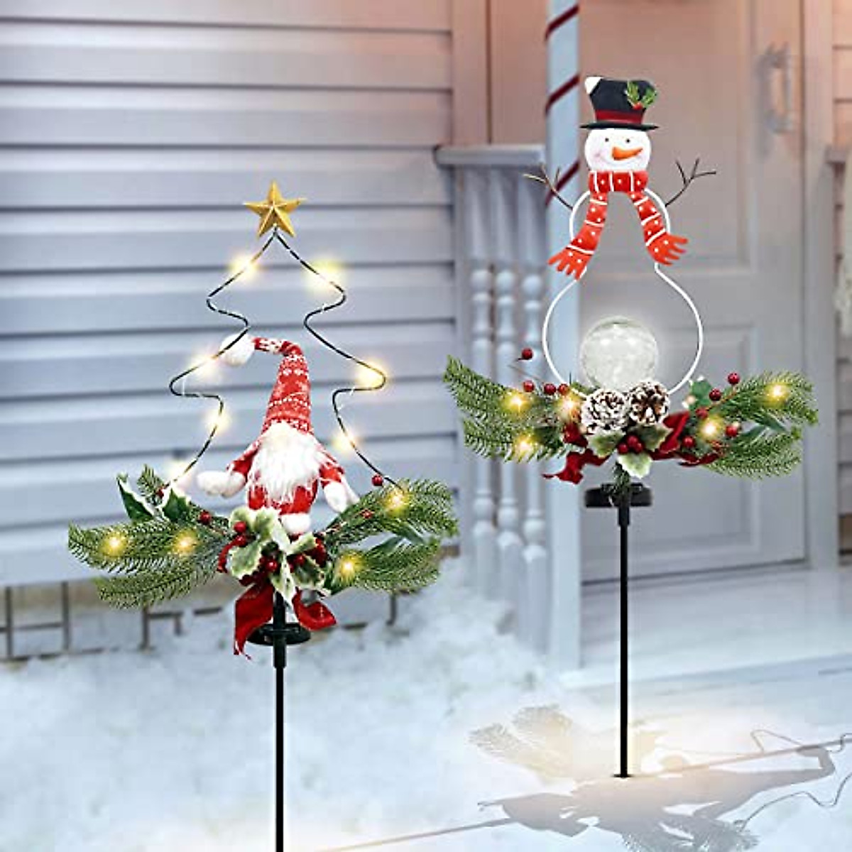 QMKGEC Outdoor Christmas Decorations, Xmas Solar Lights 2 pcs, Snowman LED Lights Butterflies Decor Light Waterproof for Yard Lawn Garden Decor