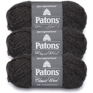 Patons Classic Wool DK Superwash Yarn - Gauge 3 Light - 100% Wool - (3-Pack) - Dark Grey Heather - for Crochet, Knitting, and Crafting