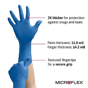 Microflex SafeGrip SG-375 Extra Thick Disposable Latex Gloves for Life Sciences, Automotive w/ Textured Fingertips - Large, Blue (Box of 50)