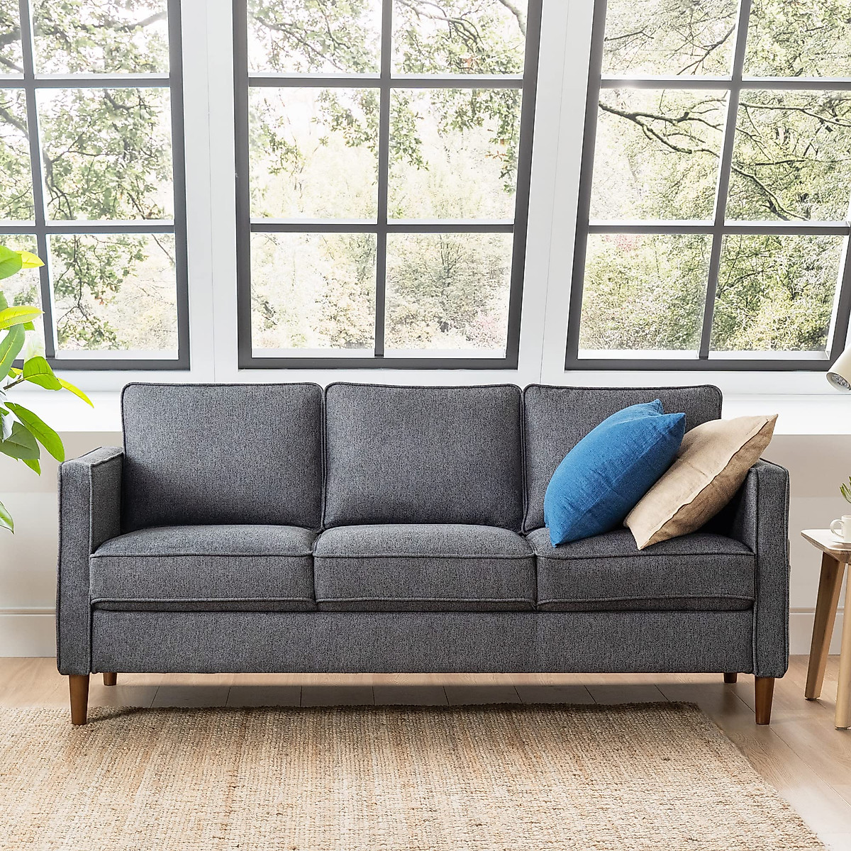 Mellow HANA Modern Linen Fabric Sofa Couch with Armrest Pockets, Dark Heather Grey