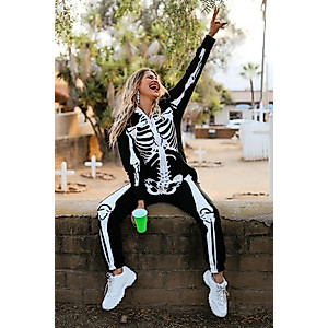 Tipsy Elves Halloween Skeleton Costume for Women - Comfy Easy Adult Onesie Jumpsuit - Front and Back Print with Zip Up Mask - Women's White Skeleton Jumpsuit Halloween Costume Size Medium