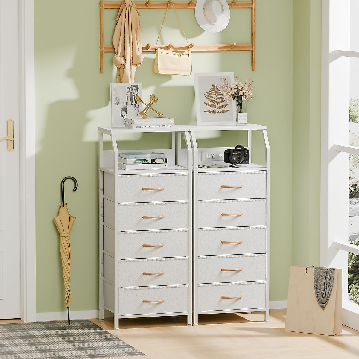 Furnulem 5 Drawers Dresser with Charging Station, Tall Night Stand with Open Shelf, Storage Tower with PVC & Fabric Drawer, Bedside Table for Bedroom, Closet, Entryway, 3 Ways to Use, White