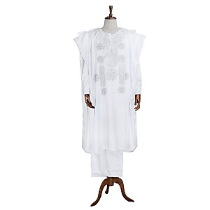 HD African Apparel Agbada Clothing Embroidery Dashiki Shirts and Pants African Men Outfits 3 Pieces, White L