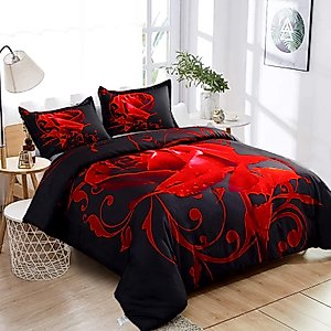 WONGS BEDDING Mother's Day Red Duvet Cover King, Reversible Red Rose Duvet Cover 3 Pieces with Zipper Closure-Ultra Soft Microfiber Bedding Set (1 Duvet Cover 90"x104"+2 Pillowcases)