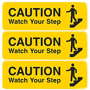 Excello Global Products Caution Watch Your Step Sign: for Business Restaurants Offices Indoor Outdoor Use Easy to Mount Informative Plastic Sign with Symbols 9” x 3”, Pack of 3 (Yellow)