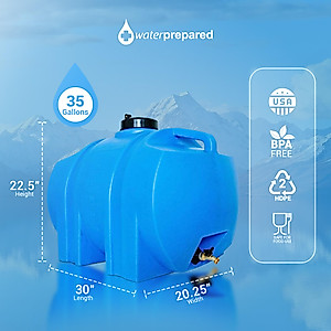 WaterPrepared 35 Gallon Utility Water Tank with Large Cap for Easy Filling, 3/4 Inch Brass Spigot, 2 Built in Strapping Points and 2 Handles, Blue