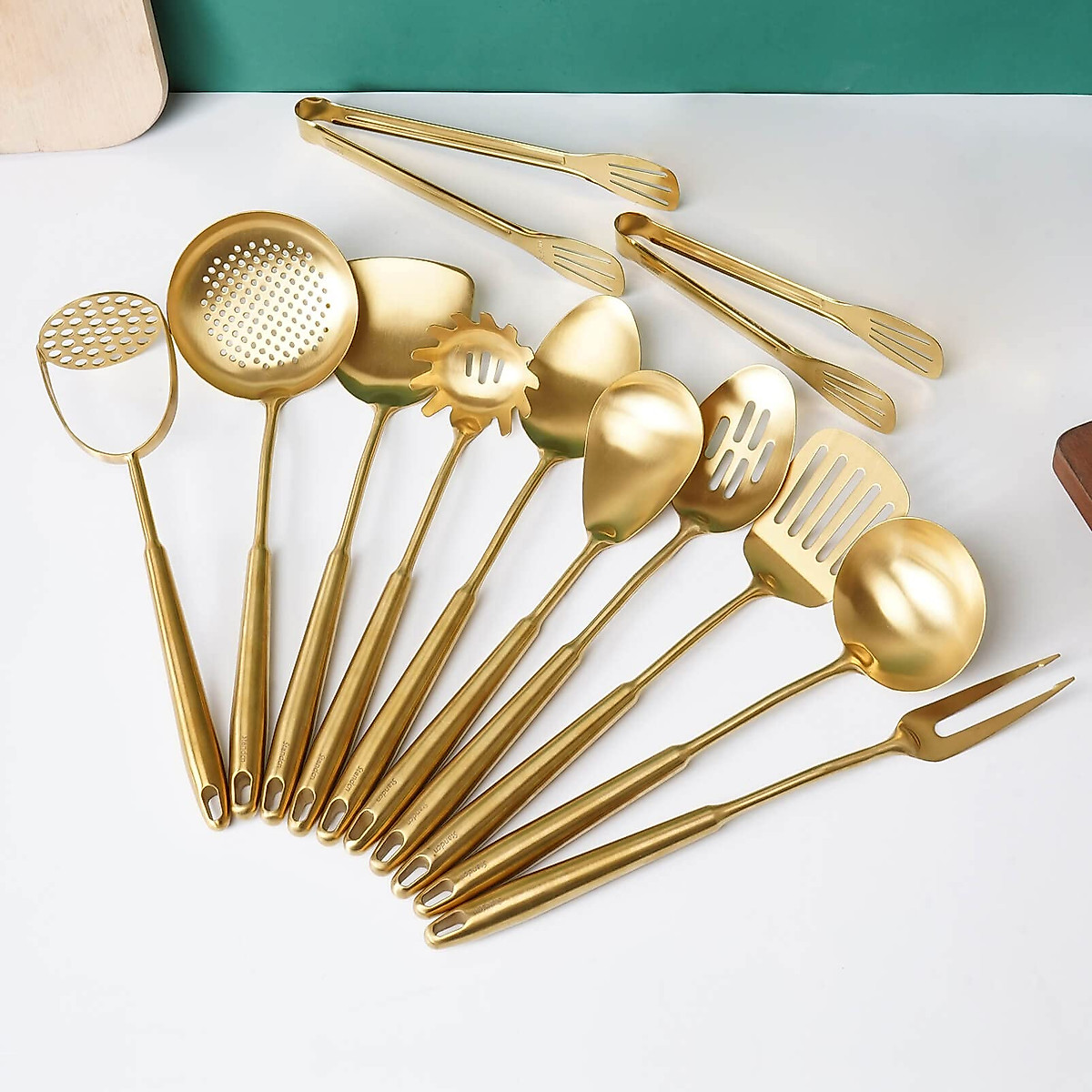 Gold Kitchen Utensils Set, 12 PCS Brass Matte Serving Utensils Set, 304 Stainless Steel All Metal Cooking Utensil - Potato Masher, Tongs, Spatula, Meat Fork, Ladle, Skimmer Spoon, Spaghetti Spoon Set