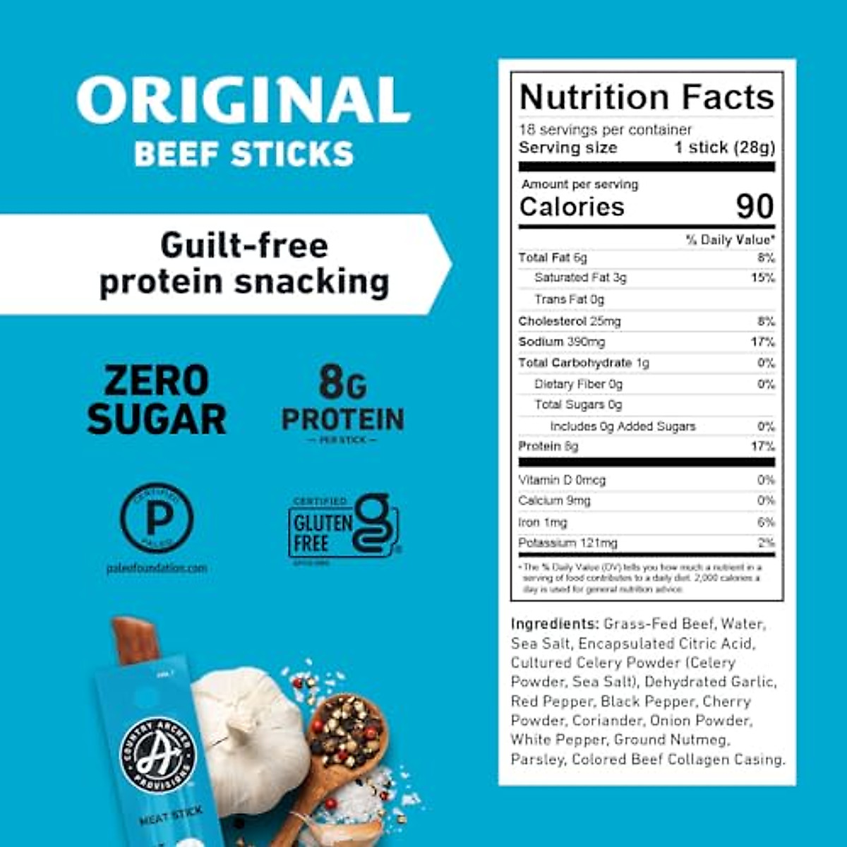 Original Jerky Beef Sticks by Country Archer, 100% Grass-Fed Beef, Gluten Free, High Protein Snacks, 1 Ounce, 18 Count