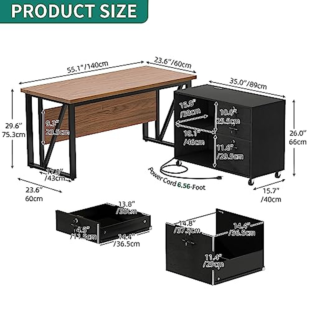 YITAHOME 55" Executive Desk and Lateral File Cabinet, 3 Drawers File Cabinet with Charging Station, L Shaped Desk Computer Desk Home Office Furniture Sets with Drawers & Storage Shelves, Walnut+Black