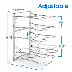 Simple Trending Adjustable Pan and Pot Lid Organizer Rack Holder, Kitchen Counter and Cabinet Organizer, Silver