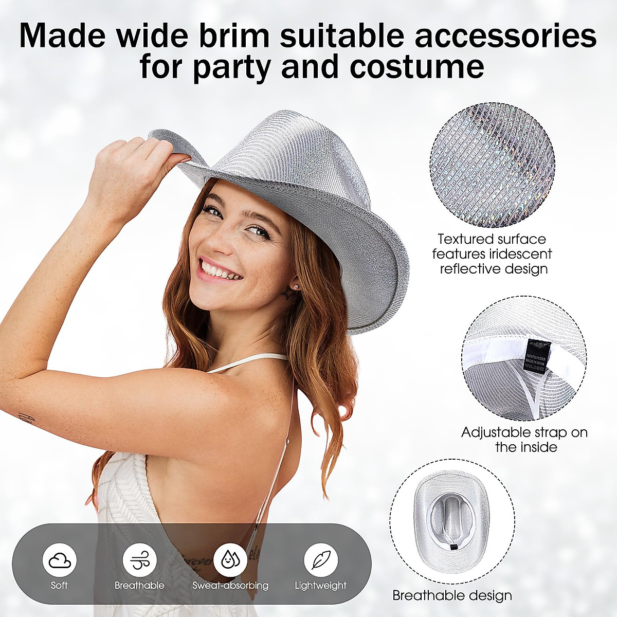 Silicherry 4 Pcs Halloween Cowgirl Hat Sequin Bling Cowboy Hats DIY Shiny Disco Western Hats for Women Men Cosplay Party(Silver)