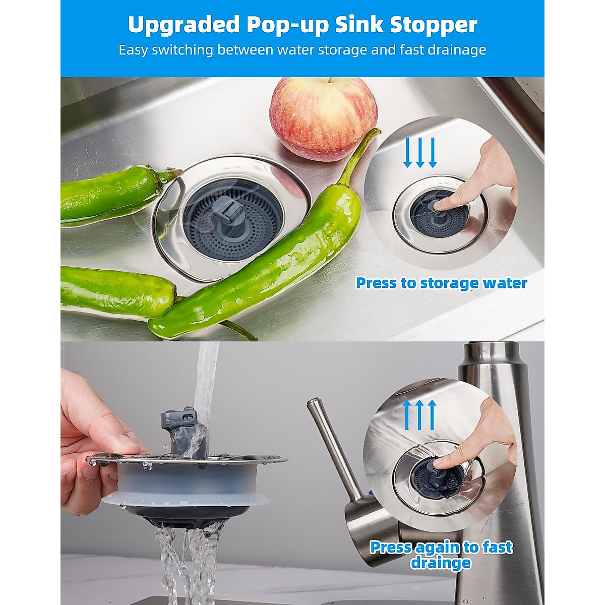 Hibbent 3 in 1 Kitchen Sink Drain Strainer and Stopper Combo, Chrome Stainless Steel Wraped Shell, Anti-Clogging Basket Strainer with Foldable Handle for US Standard 3-1/2" Drain