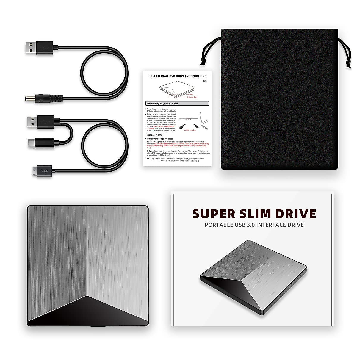 YOTUO External CD DVD Drive, Portable USB 3.0 and Type-C Ultra-Slim DVD Player, DVD Burner CD ROM RW External Optical Drive Compatible with Laptop Desktop PC for Windows 7/8/10/11 Mac MacBook Pro/Air