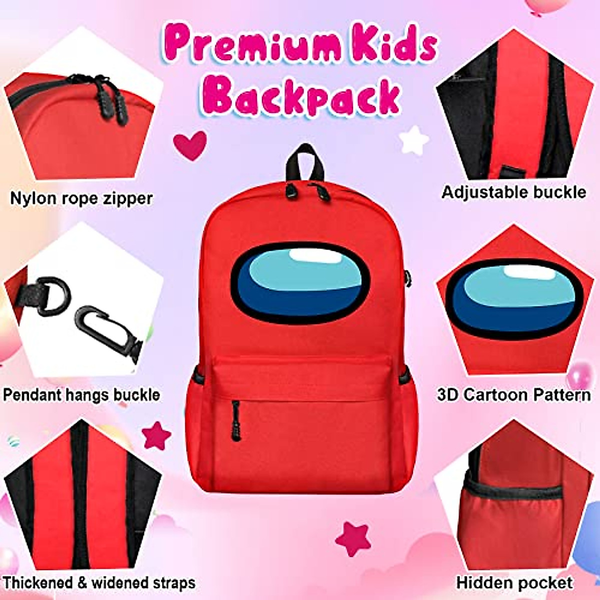 JOIXXV Kids School Backpack for Girls Boys, Student Bookbag Laptop Backpack with Lunch Box, Travel Teenagers Game Fans Gifts, Waterproof 17inch Outdoor Camping Red