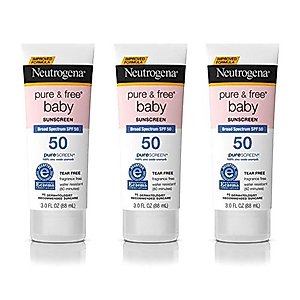 Neutrogena Pure & Free Baby Mineral Sunscreen Lotion with Broad Spectrum SPF 50 & Zinc Oxide, Water-Resistant, Hypoallergenic & Tear-Free Baby Sunscreen, 3 fl. oz, 3 pk