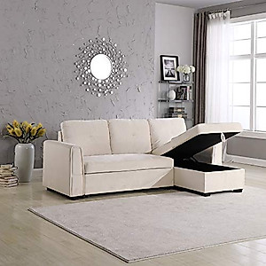 Legend Furniture Velvet Chaise Storage Reversible Sofa Bed Sleeper Sectional, 91", Cream