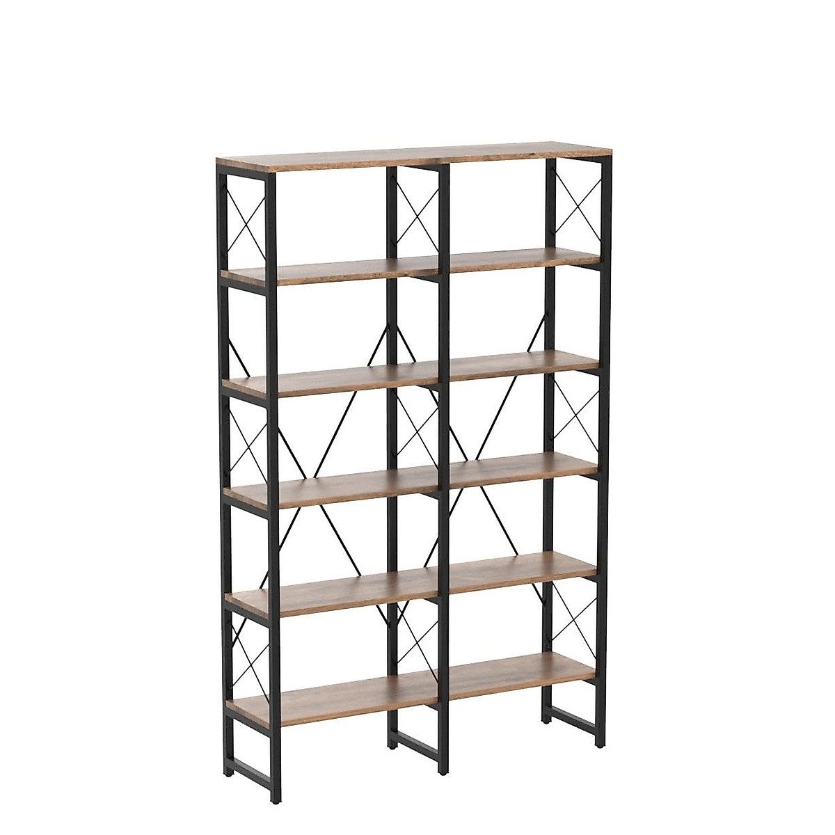 oneinmil Double Wide 6-Tier Bookshelf, Industrial Bookcases with Metal Frame, Open Large Book Shelf, Wood and Tall Display Shelves for Home and Office, Rustic Brown and Black