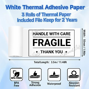 NelkoGlobal Mini Thermal Sticker Printer with 3 Rolls of 50mm*3.5m White Self-Adhesive Thermal Printer Paper