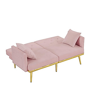 ROCKINGRUN 59'' Convertible Velvet Sofa Bed, Loveseat Sofa Bed with Metal Support Feet, Modern Comfy Loveseat Couch, Adjustable Backrest, Stylish Tufted Sofa Bed for Living Room, Bedroom (Pink)