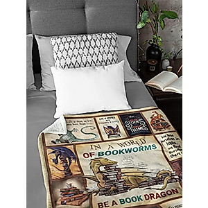 Be A Book Dragon Sherpa Blanket - in A World of Bookworms Dragon Blanket - Soft Warm Reading Sherpa Throw Blanket for Sofa Bedroom Couch - Birthday Christmas Book Bedding Gifts - Book Lovers Blanket
