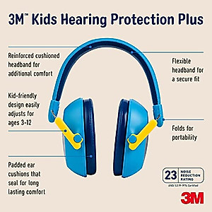 3M Kids Hearing Protection Plus, Hearing Protection for Children with Adjustable Headband, 22dB Noise Reduction Rating, Blue
