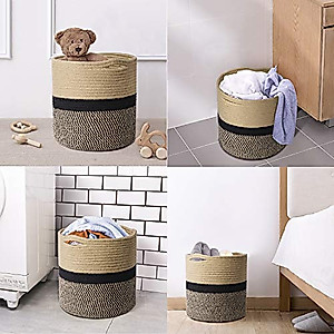 TIMEYARD Sturdy Jute Rope Plant Basket Modern Woven Basket for 10" Flower Pot Floor Indoor Planters, 11” x 11” Storage Organizer Basket Rustic Home Decor, Black and Beige Stripes