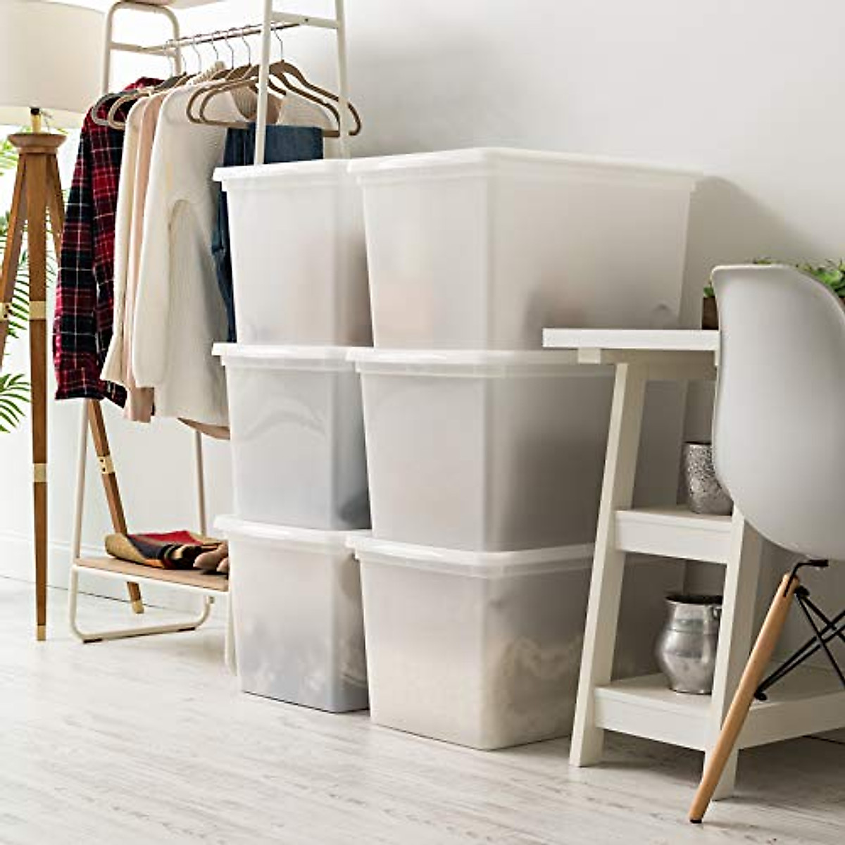 IRIS USA 68 Qt. Plastic Storage Container Bin with Latching Lid, 6 Pack, Stackable Nestable Box Tote Closet Organization School Art Supplies Towels Blankets Comforters Sleeping Bags - Pearl