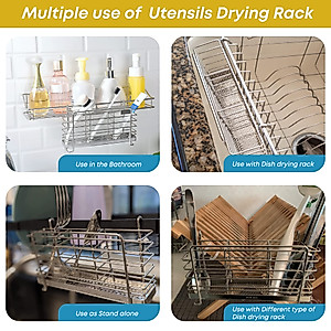 KESOL Sturdy 304 Stainless Steel Utensil Drying Rack Basket Holder with Hooks 3 Divided Compartments, Rust Proof, No Drilling