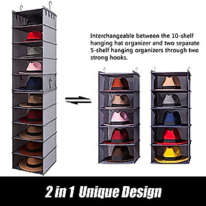 Fedora Hat Rack for Closet, 10-Shelf Hat Organizer for Sun Hat Panama Hat, 2 Separate 5-Shelf Hanging Closet Hat Organizer, Hat Storage Hat Hanger Hat Holder Oxford Cloth Fedora Hanging Hat Rack