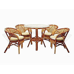 5-Pc Pelangi Rattan Wicker Dining Set with Round Table Glass Top + 4 Arm Chairs, Colonial Color